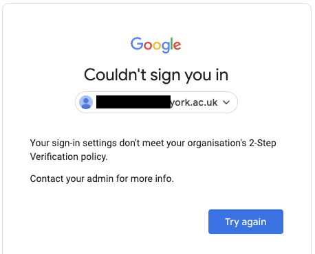 Google two-factor authentication: "Couldn't sign you in. Your sign-in ...