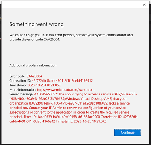Virtual Desktop Service (VDS): "Something went wrong. We couldn't sign ...